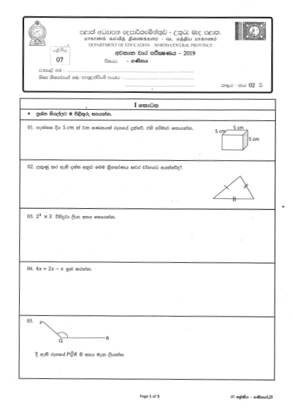 2019 Grade 07 Mathematics Third Term Test Paper | North Central Province