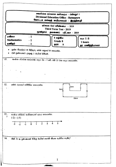 2019 Grade 08 Mathematics Third Term Test Paper | Ratnapura Zone