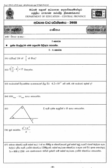 2018 Grade 09 Mathematics Third Term Test Paper | Central Province