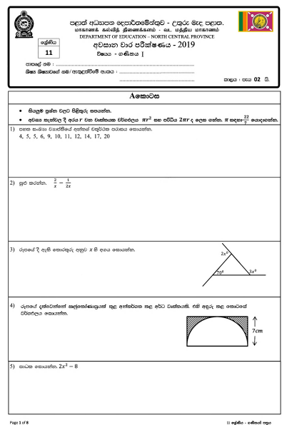 2019 Grade 11 Mathematics Third Term Test Paper with Answers | North ...