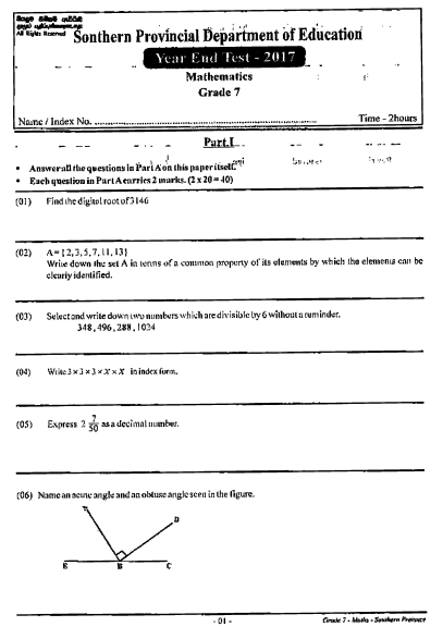 2017 Grade 07 Maths Third Term Paper | English Medium - Southern Province