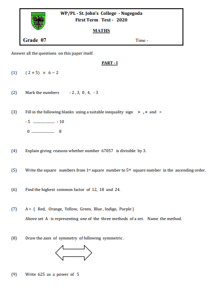 2020 Grade 07 Maths First Term Paper | English Medium - St.John's College