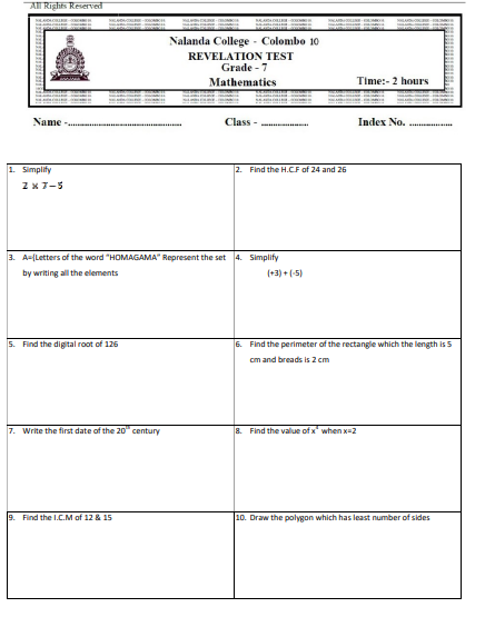 2020 Grade 07 Maths Second Term Paper | English Medium -Nalanda College