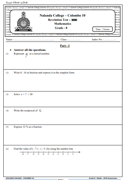 2020 Grade 08 Maths Second Term Paper | English Medium - Nalanda College