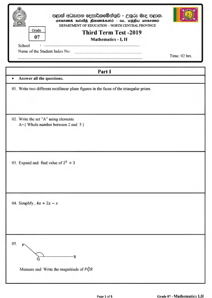 2019 Grade 07 Maths Third Term Paper | English Medium - North Central ...
