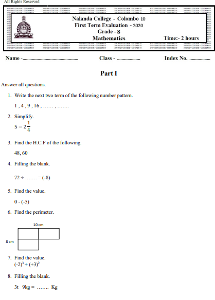 2020 Grade 08 Maths First Term Paper | English Medium - Nalanda College