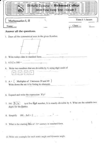 2018 Grade 07 Maths First Term Paper | English Medium - Richmond College