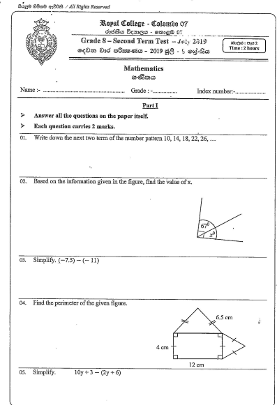 2019 Grade 08 Maths Second Term Paper | English Medium - Royal College
