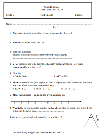 2020 Grade 06 Maths First Term Paper | English Medium - Nalanda College