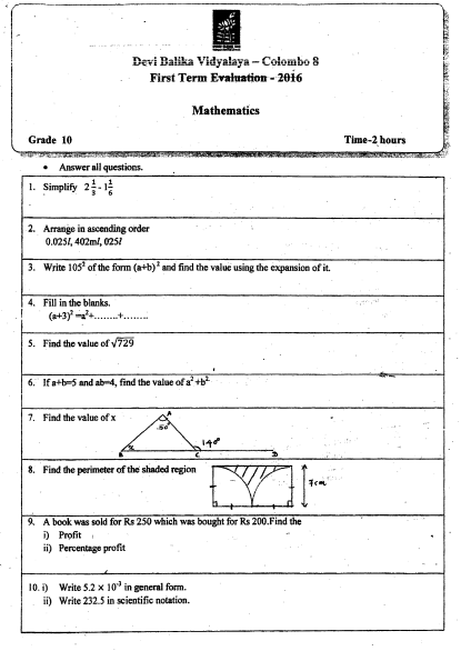 2016 Grade 10 Maths First Term Paper | English Medium - Devi Balika ...