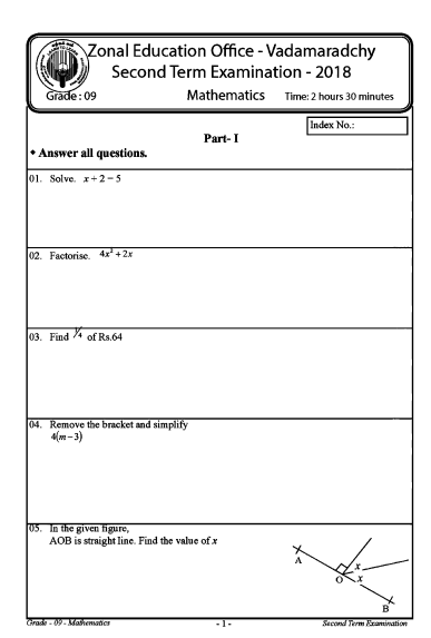 2018 Grade 09 Maths Second Term Paper | English Medium - Vadamaradchy Zone
