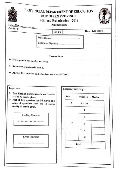 2019 Grade 09 Maths Third Term Paper | English Medium - Northern Province