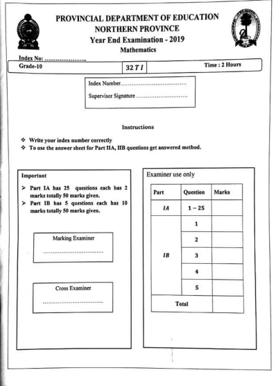 2019 Grade 10 Maths Third Term Paper | English Medium - Northern Province