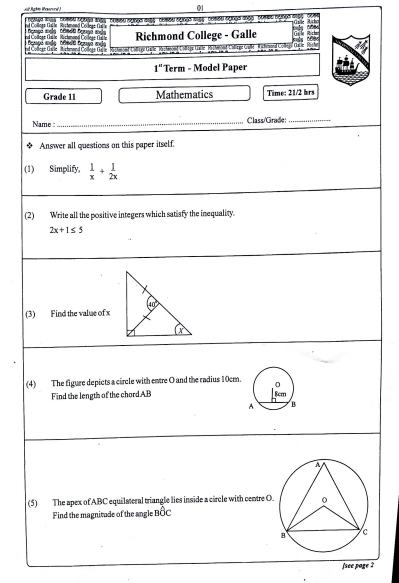 2019 Grade 11 Maths First Term Paper | English Medium - Richmond college