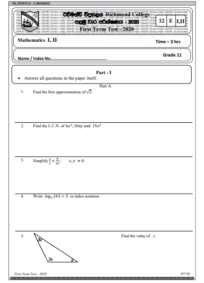 2020 Grade 11 Maths First Term Paper | English Medium - Richmond college