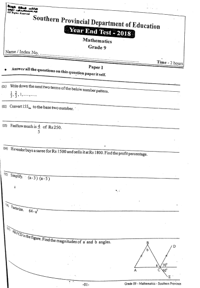 2018 Grade 09 Maths Third Term Paper | English Medium - Southern Province