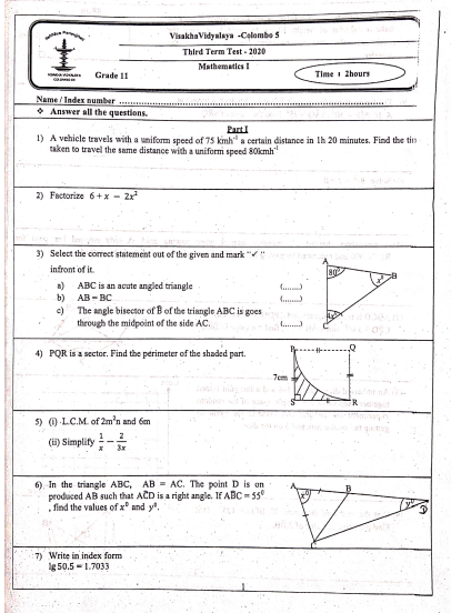 2020 Grade 11 Maths Third Term Paper | English Medium - Vishaka College