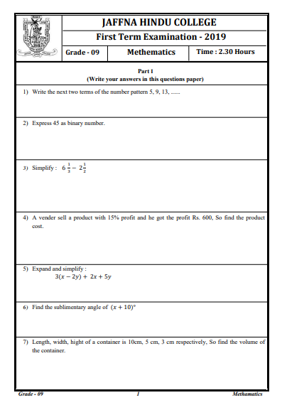 2019 Grade 09 Maths First Term Paper | English Medium - Jaffna Hindu ...