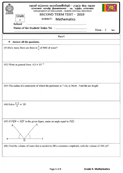 2019 Grade 09 Maths Second Term Paper | English Medium - North Central ...