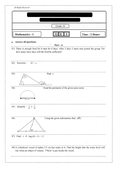 2019 Grade 10 Maths Second Term Paper | English Medium - Kegalle Zone