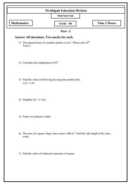 2019 Grade 08 Maths Third Term Paper | English Medium - Niwithigala ...