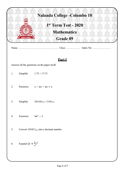 2020 Grade 09 Maths First Term Paper | English Medium - Nalanda College