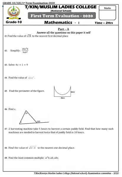 2020 Grade 10 Maths First Term Paper | English Medium - Muslim Ladies ...