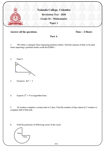 2020 Grade 10 Maths Second Term Paper | English Medium - Nalanda College