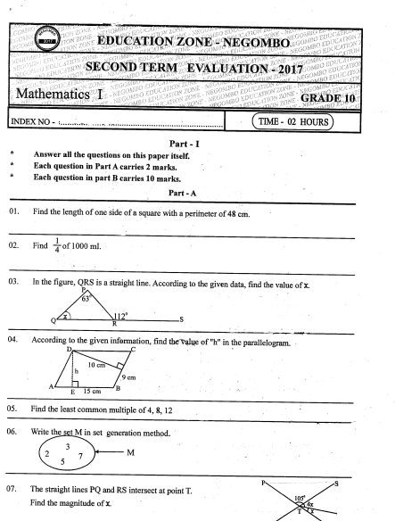 2019 Grade 10 Maths Second Term Paper | English Medium - Negambo Zone
