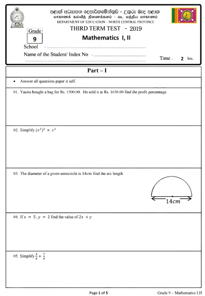 2019 Grade 09 Maths Third Term Paper | English Medium - North Central ...