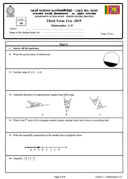 2019 Grade 08 Maths Third Term Paper | English Medium - North Central ...