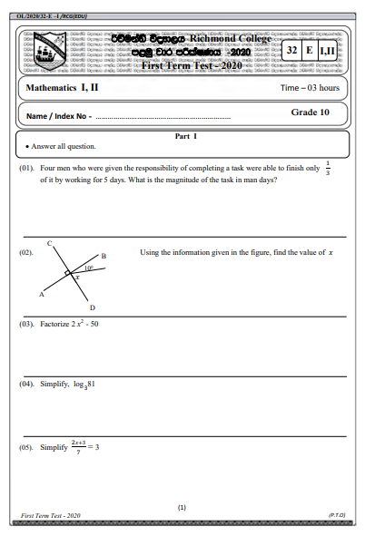 2020 Grade 10 Maths First Term Paper | English Medium -Richmond College