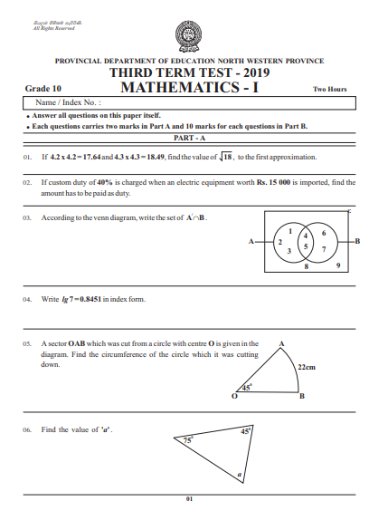 2019 Grade 10 Maths Third Term Paper With Answers | English Medium ...