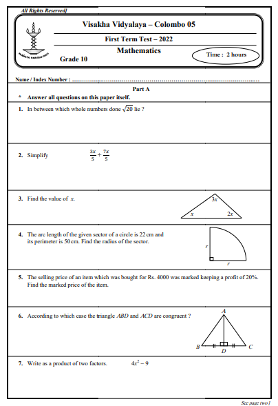 2022 Grade 10 Maths First Term Paper | English Medium - Visakha Vidyalaya
