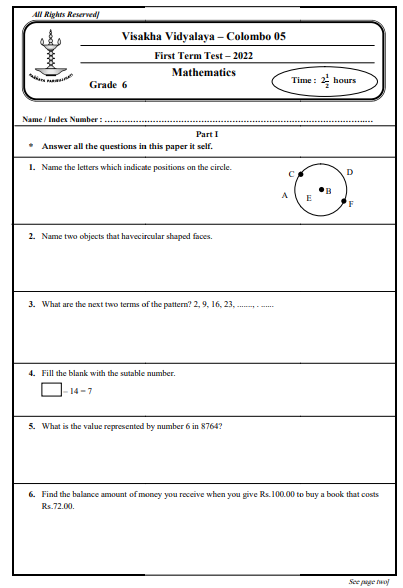 2022 Grade 06 Maths First Term Paper | English Medium - Visakha Vidyalaya