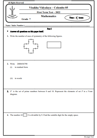 2022 Grade 07 Maths First Term Paper | English Medium - Visakha Vidyalaya
