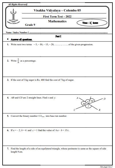 2022 Grade 09 Maths First Term Paper | English Medium - Visakha Vidyalaya